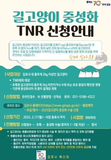 김포시, 2025 길고양이 중성화 사업（TNR） 실시